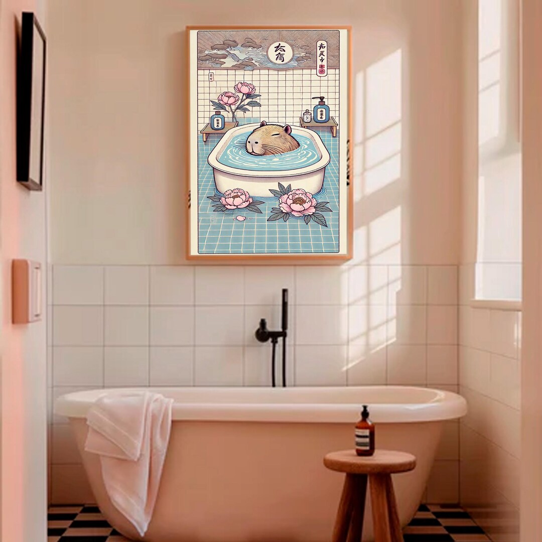Relaxing Capybara in Japanese Hot Spring Bathtub Unframed Poster, Cute ...