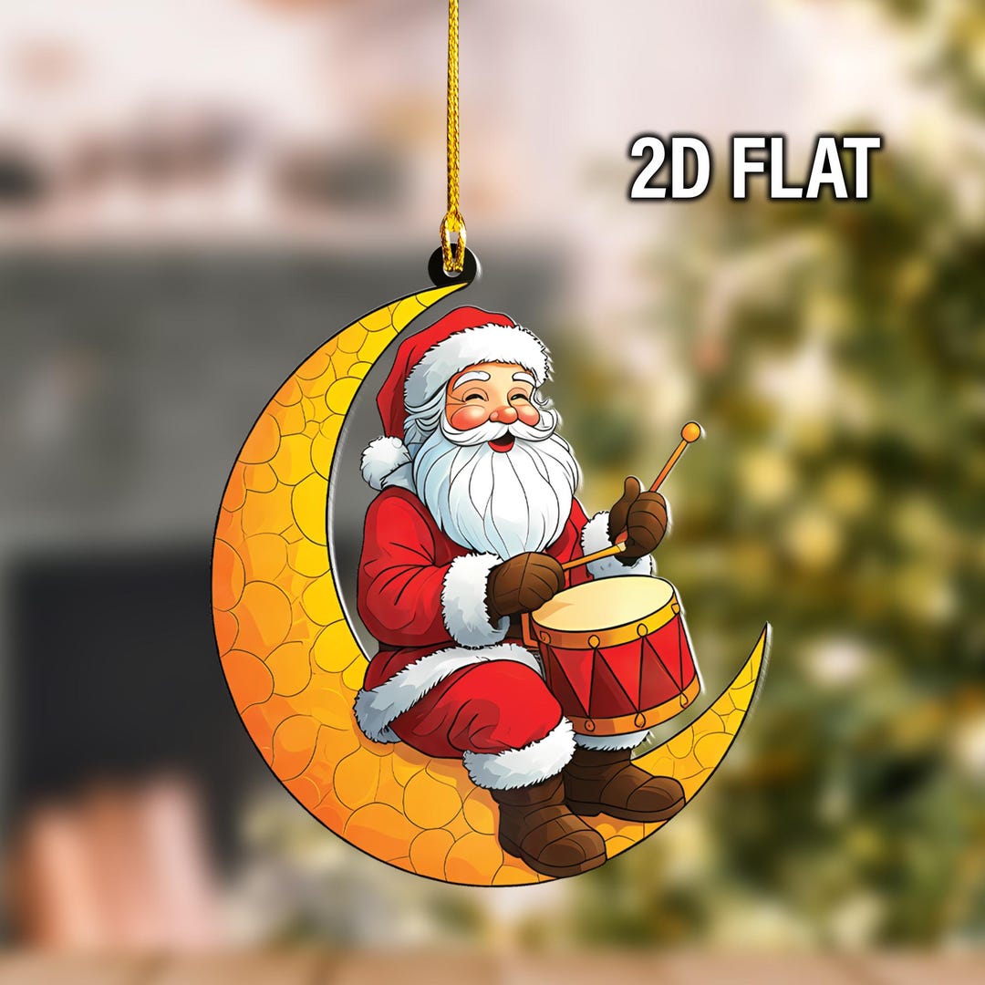 2D Flat Santa Playing Drum on the Cresent Moon Ornament, Music Lover ...