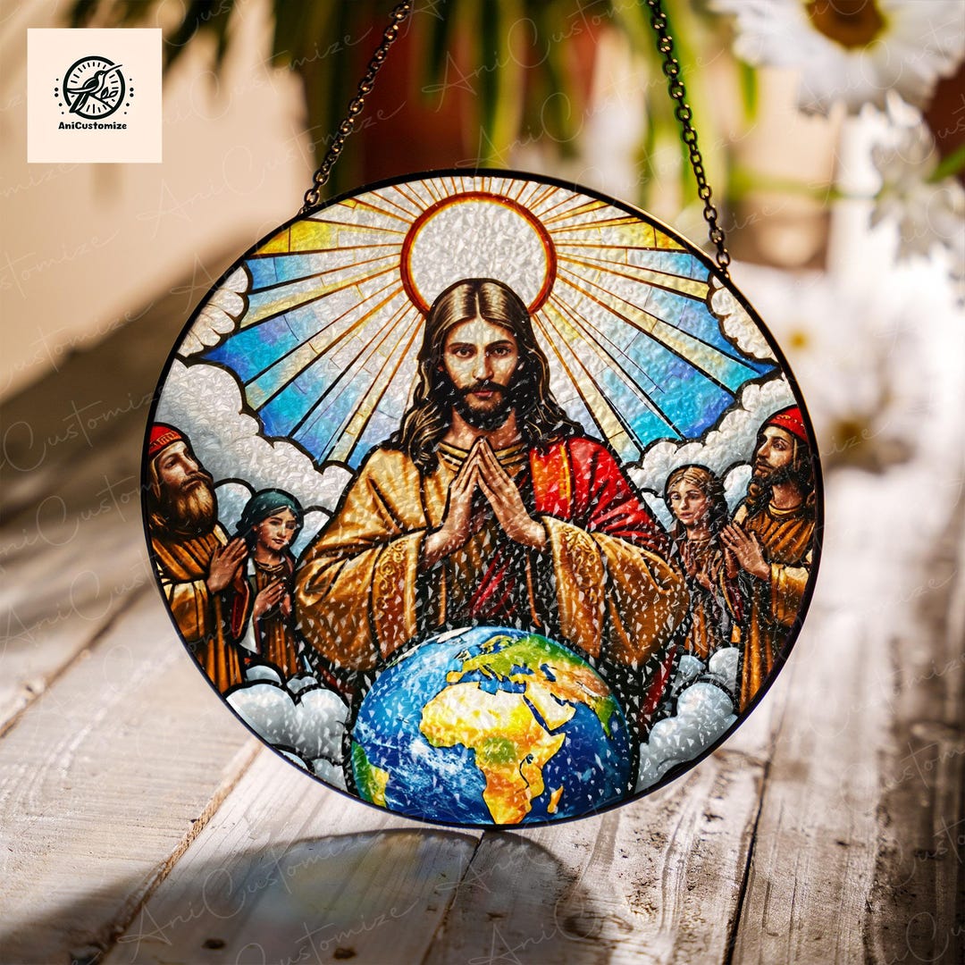 Jesus Christ Praying Earth GLASS Suncatcher, Jesus Lover Decor, Jesus ...