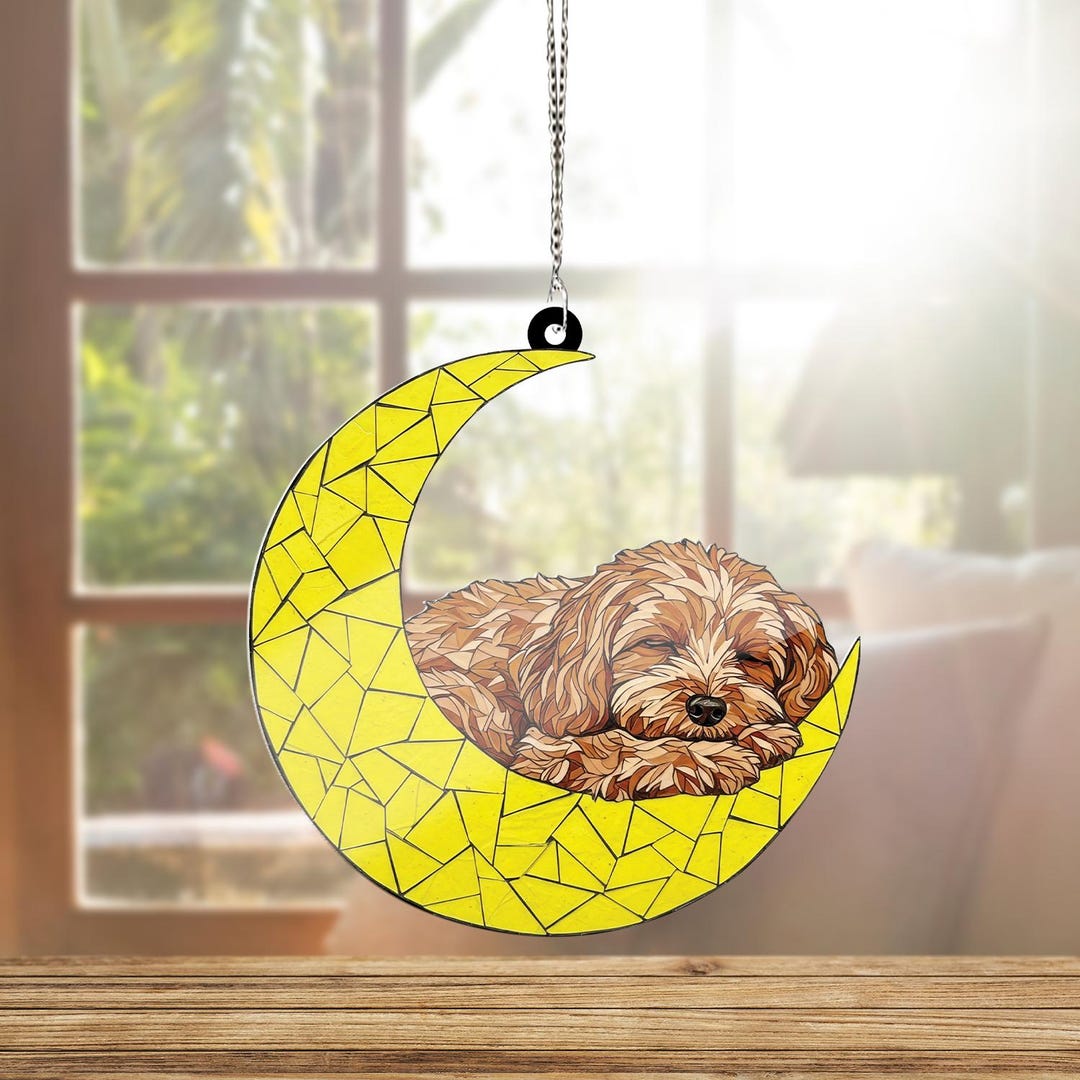 Cavapoo Sleeping on Crescent Moon ACRYLIC Window Hanging, Cavapoo ...