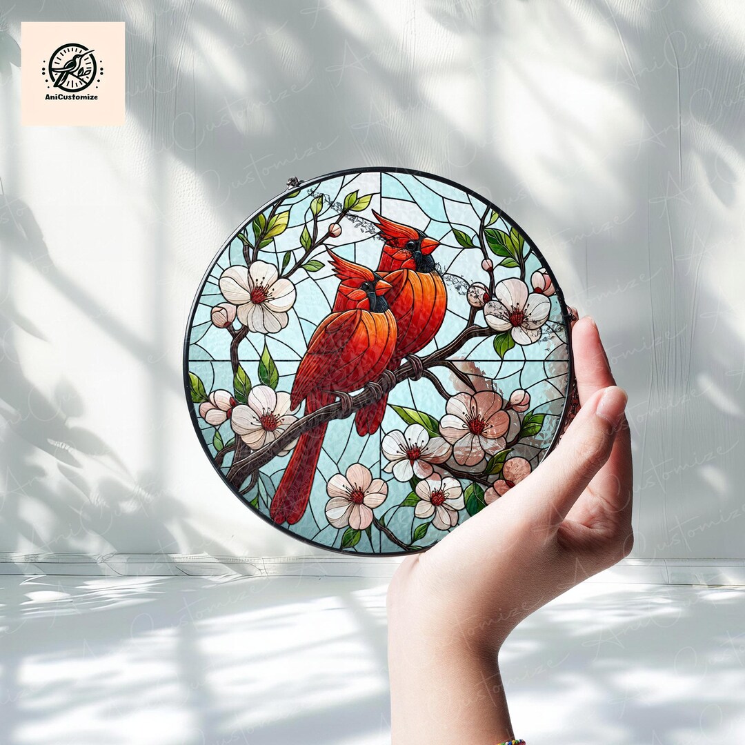Male and Female Cardinal Glass Suncatcher, Cardinals Glass Suncatcher ...