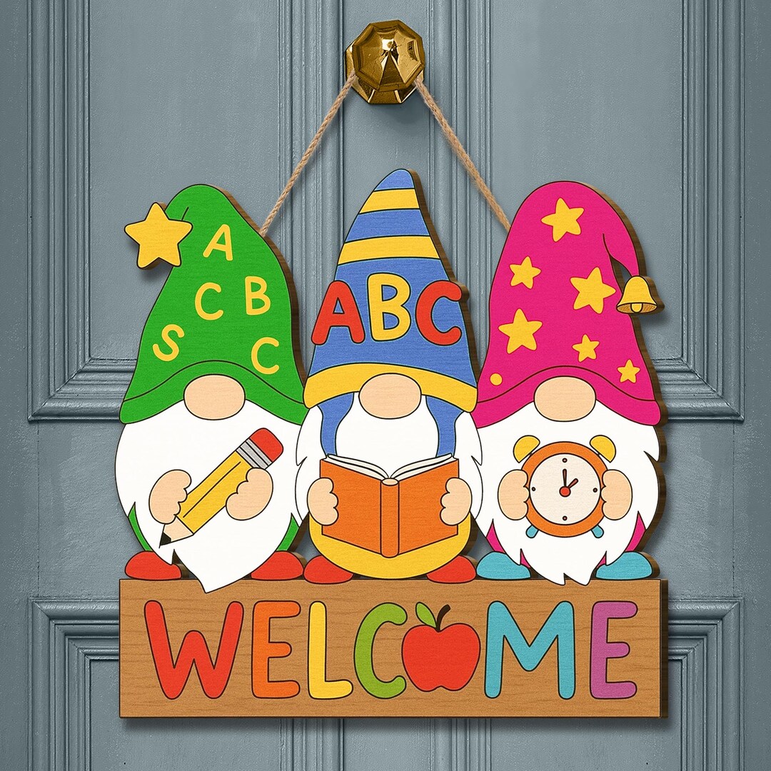 Back to School Gnome Door Sign, Classroom Welcome Wooden Hanging Decor ...