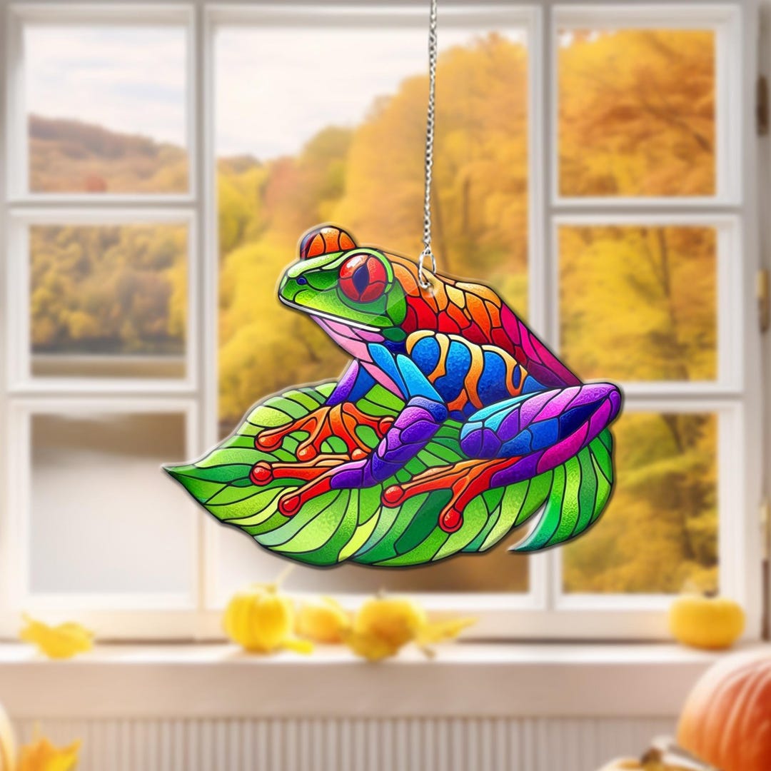 Frog Lotus Window Hanging, Frog Lotus Leaf Acrylic Window Hanging, Faux ...