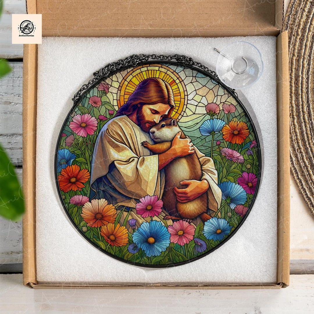 Jesus Hugging Groundhog Glass Suncatcher: Funny Christian Decor - Etsy