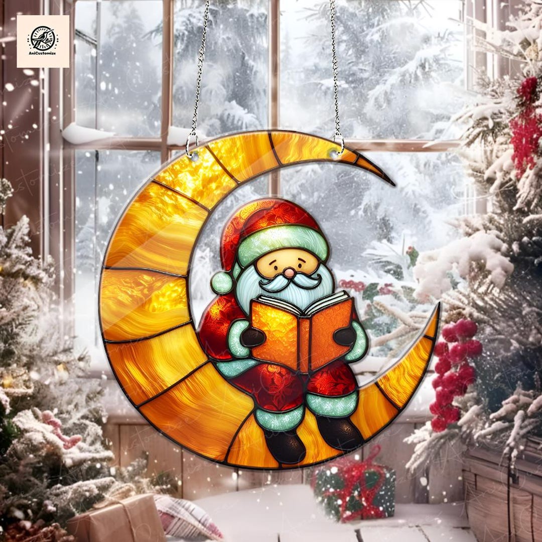Santa Reading Book on the Cresent Moon Acrylic Window Hanging, Santa ...