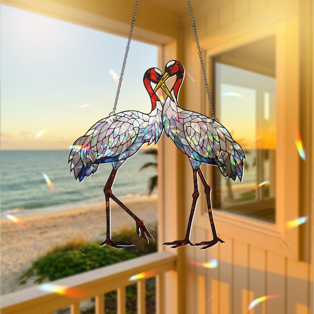 Sarus Crane Couple Hologram Acrylic Suncatcher, Holographic Bird Decor ...