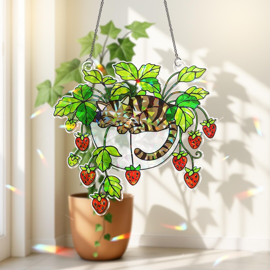 Tabby Cat Strawberry Ornament: Hologram Acrylic Window Hanging - Etsy
