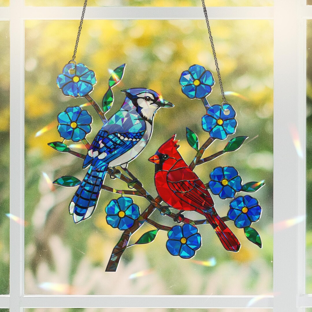 Blue Jay and Cardinal With Blue Flower Hologram Ornament – Bird Lover ...