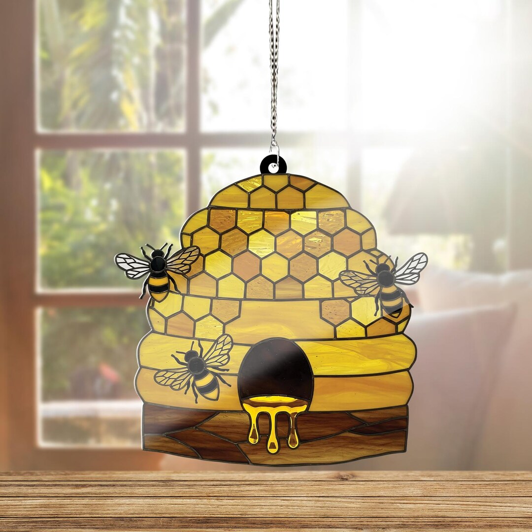 Yellow Bee Hives ACRYLIC Window Hanging, Honeycomb Wall Corner, Home ...