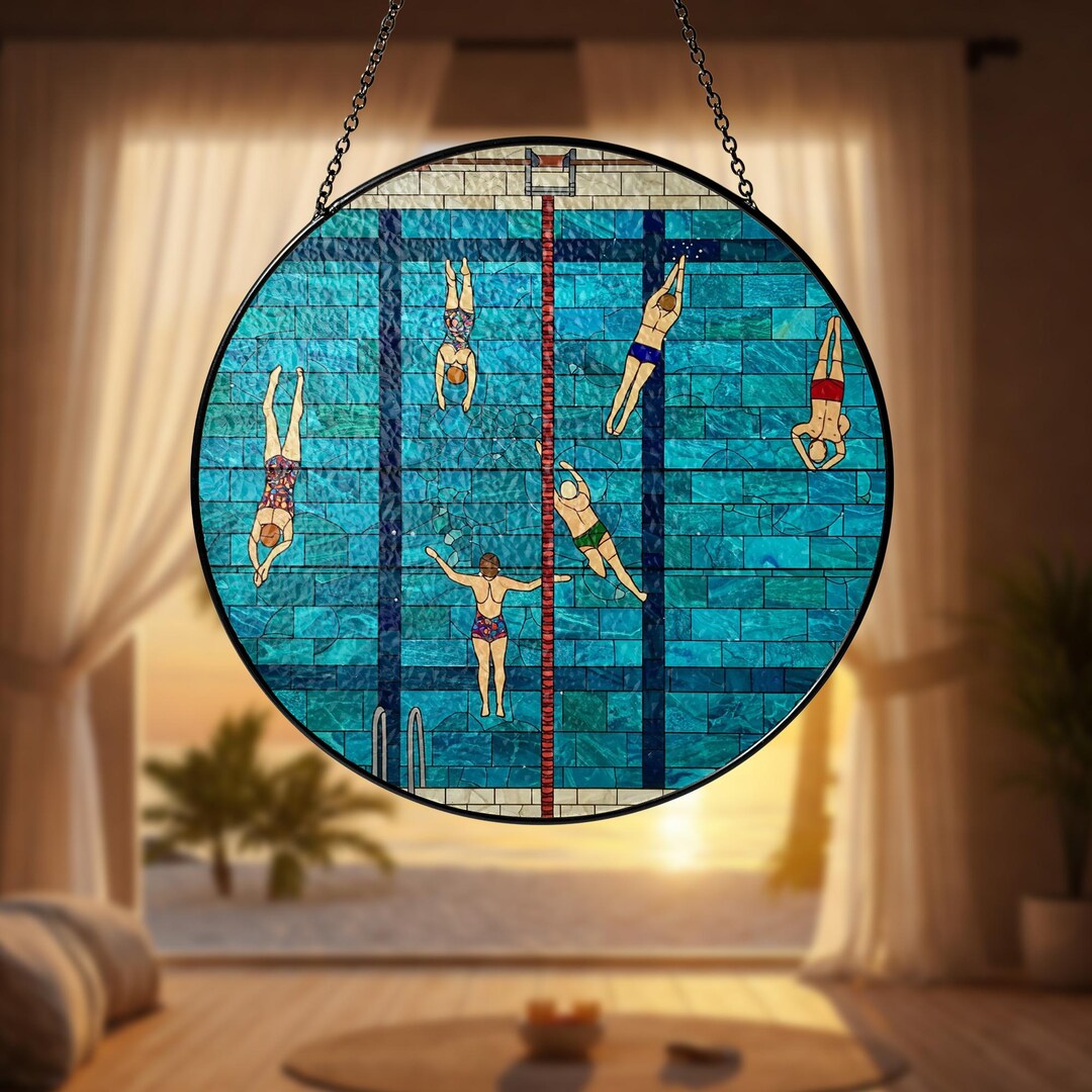 Swimming Pool With Swimmers Glass Suncatcher – Fun Summer Window ...