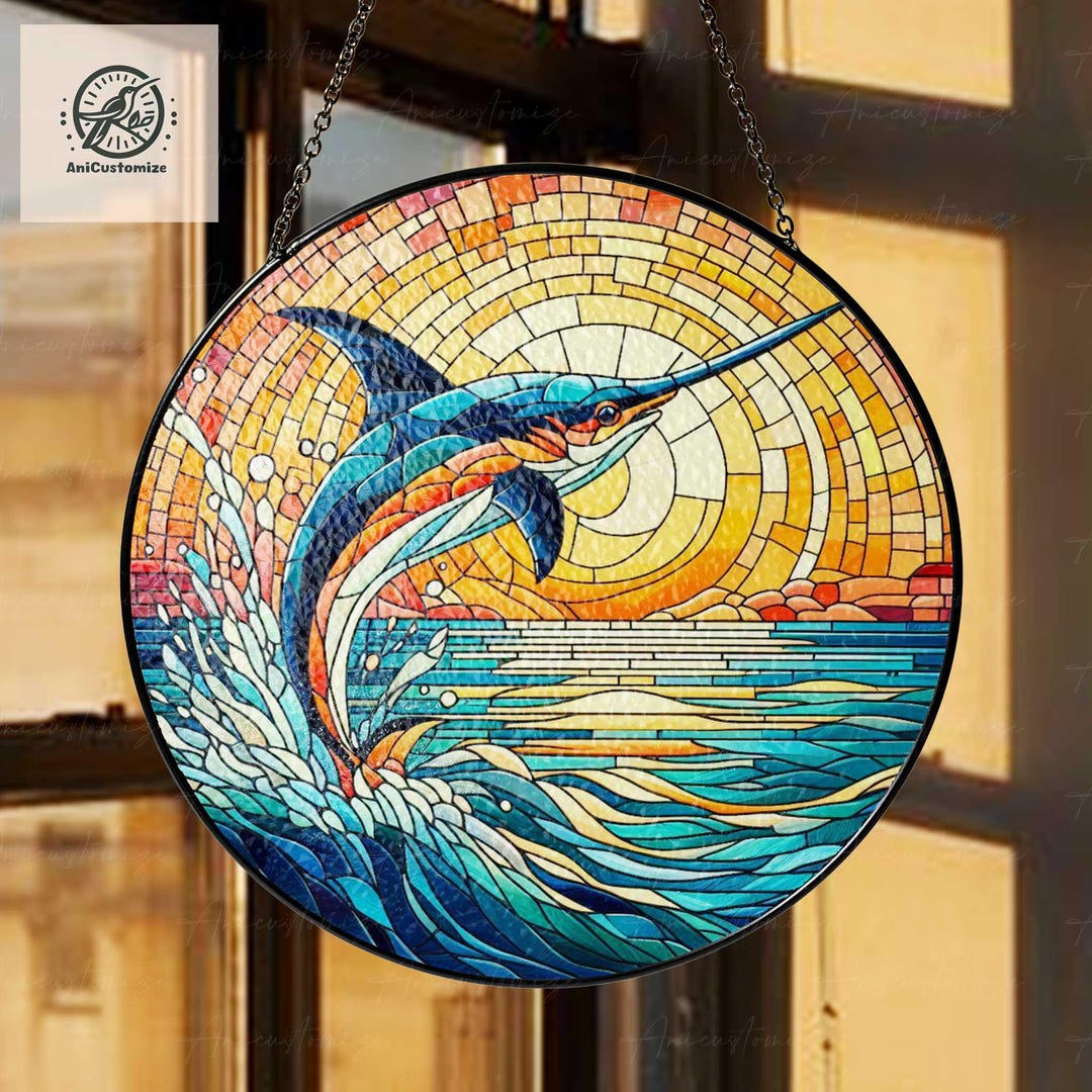 Swordfish GLASS Suncatcher, Swordfish Lover Decor, Sunset Beach Decor ...