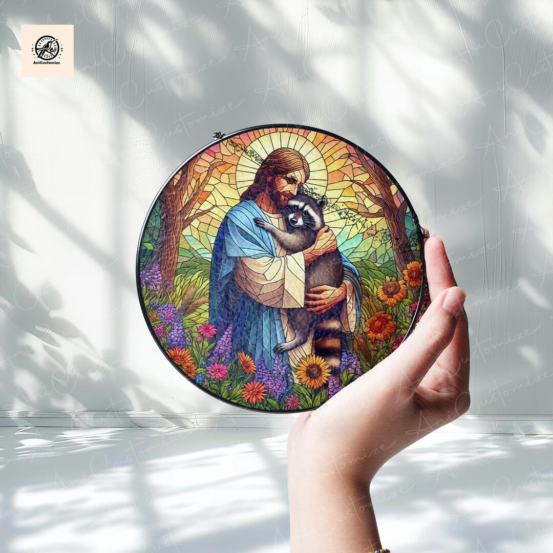 Jesus Hugging Raccoon GLASS Suncatcher Decor, Funny Christian,funny ...