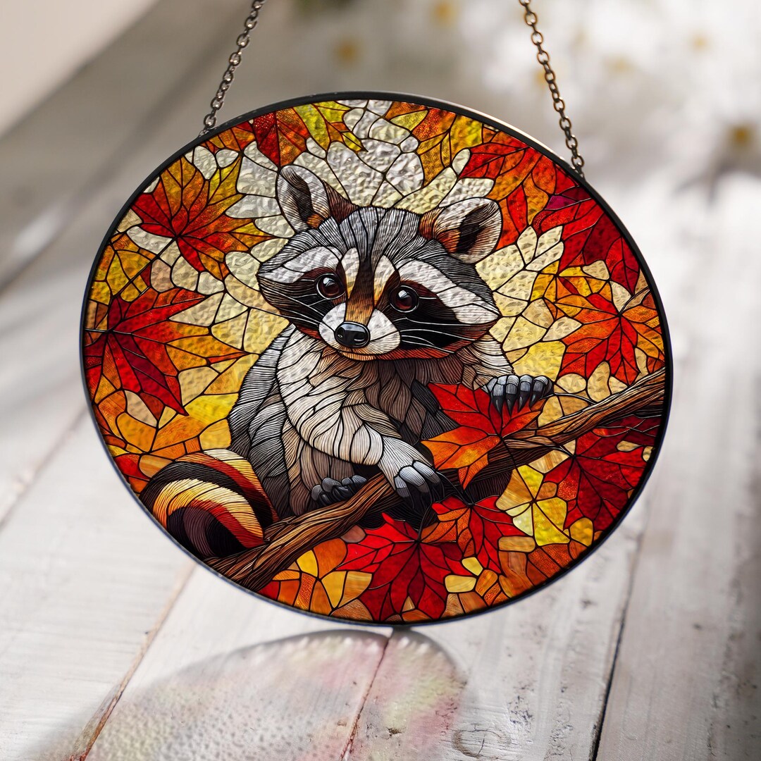 Autumn Raccoon Stained Glass Suncatcher: Fall Animal Decor - Etsy