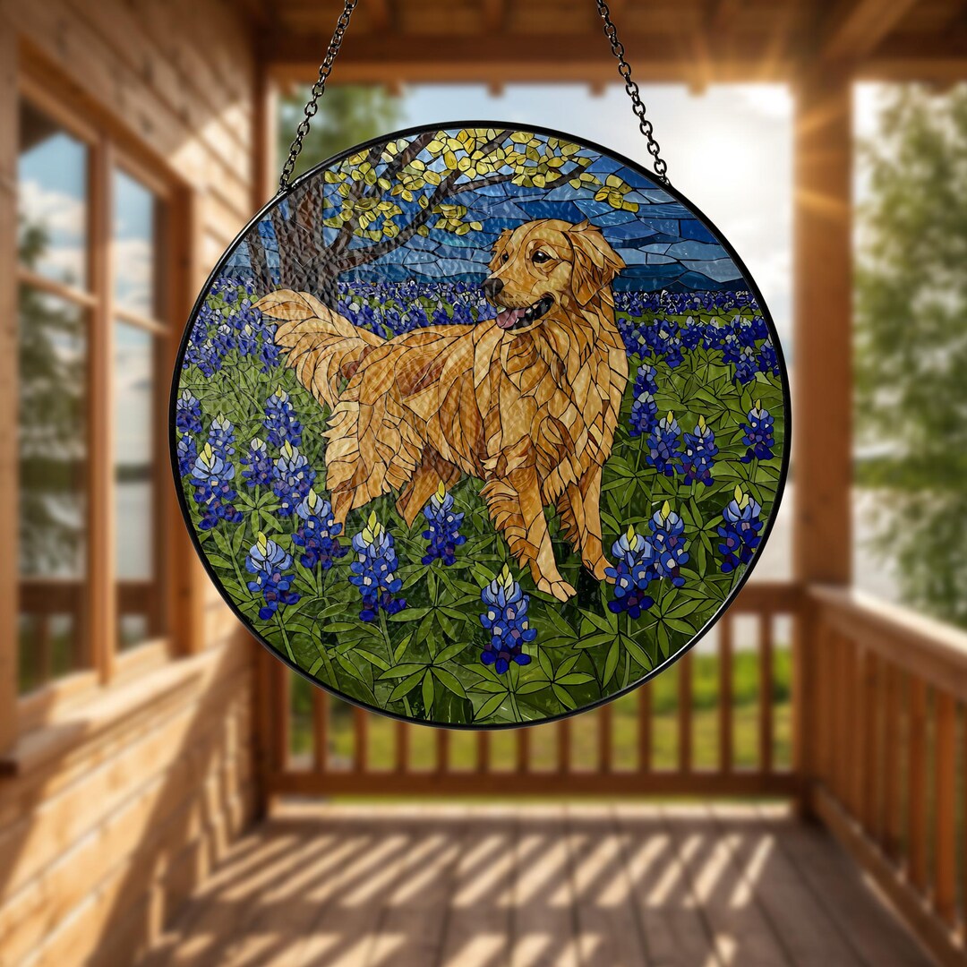 Golden Retriever Glass Suncatcher, Dog Lover Gift, Bluebonnet Dog Decor ...