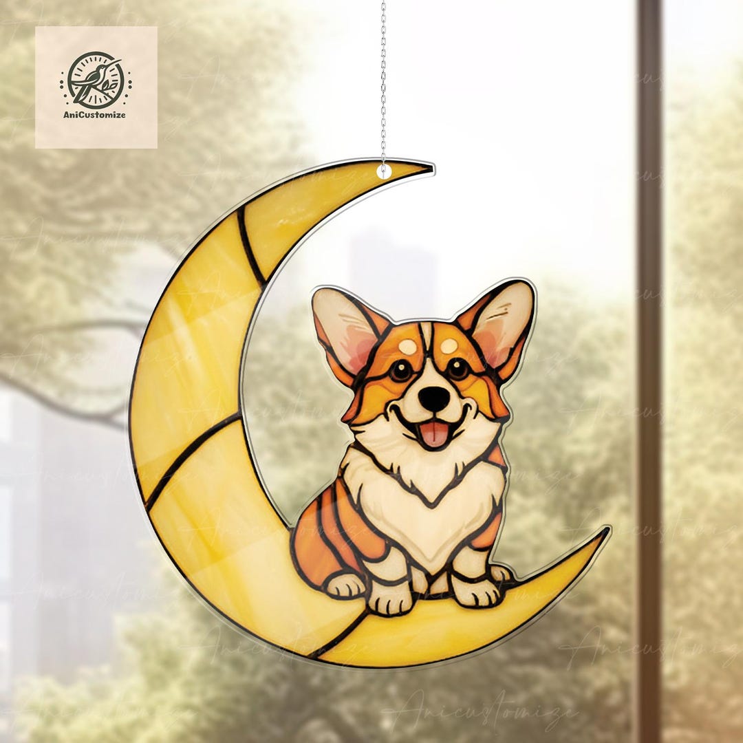 Corgi on Crescent Moon ACRYLIC Window Hanging, Corgi Dog Decor, Corgi ...