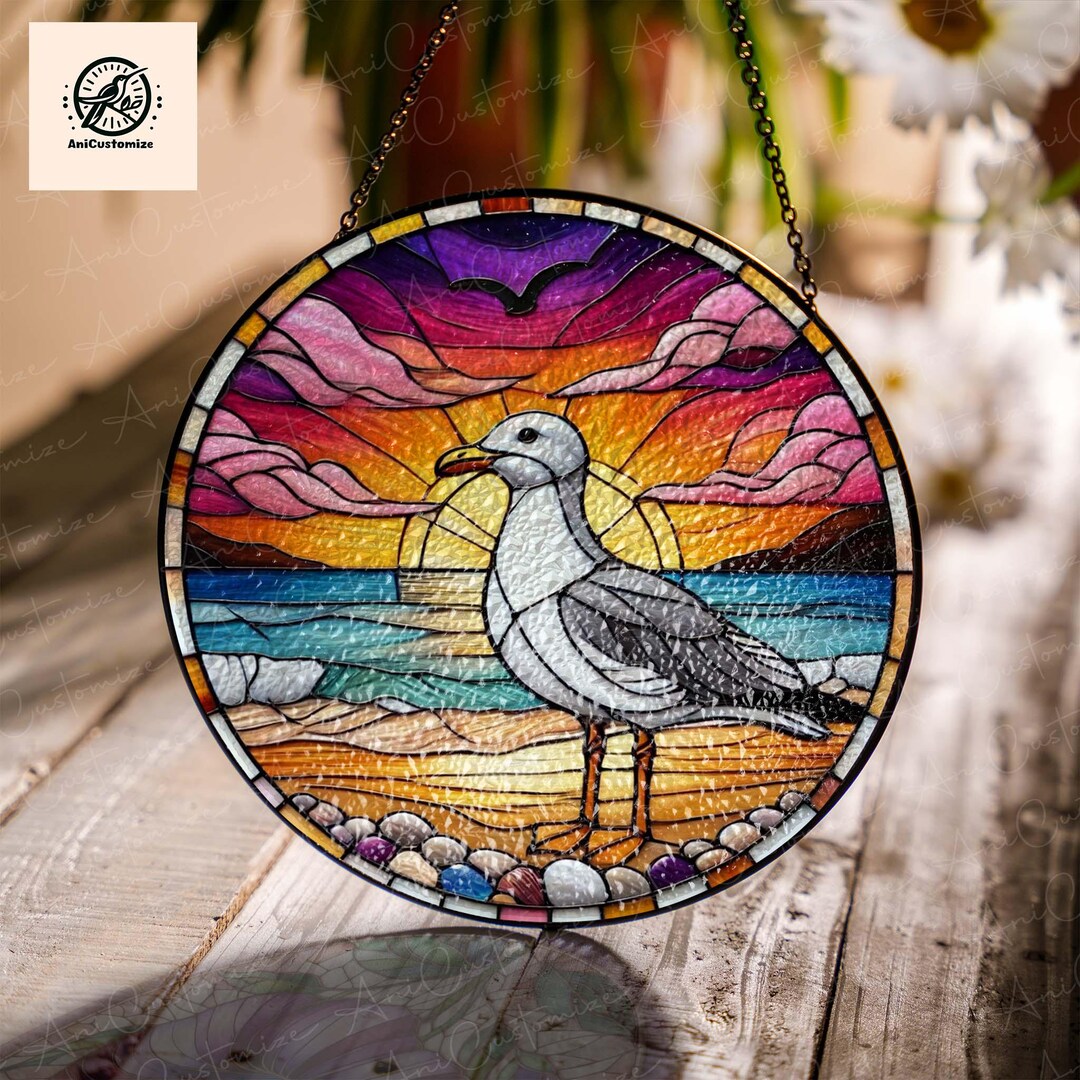 Seagull GLASS Decor, Seagull and Sunset Beach, Seagull Lover Decor ...