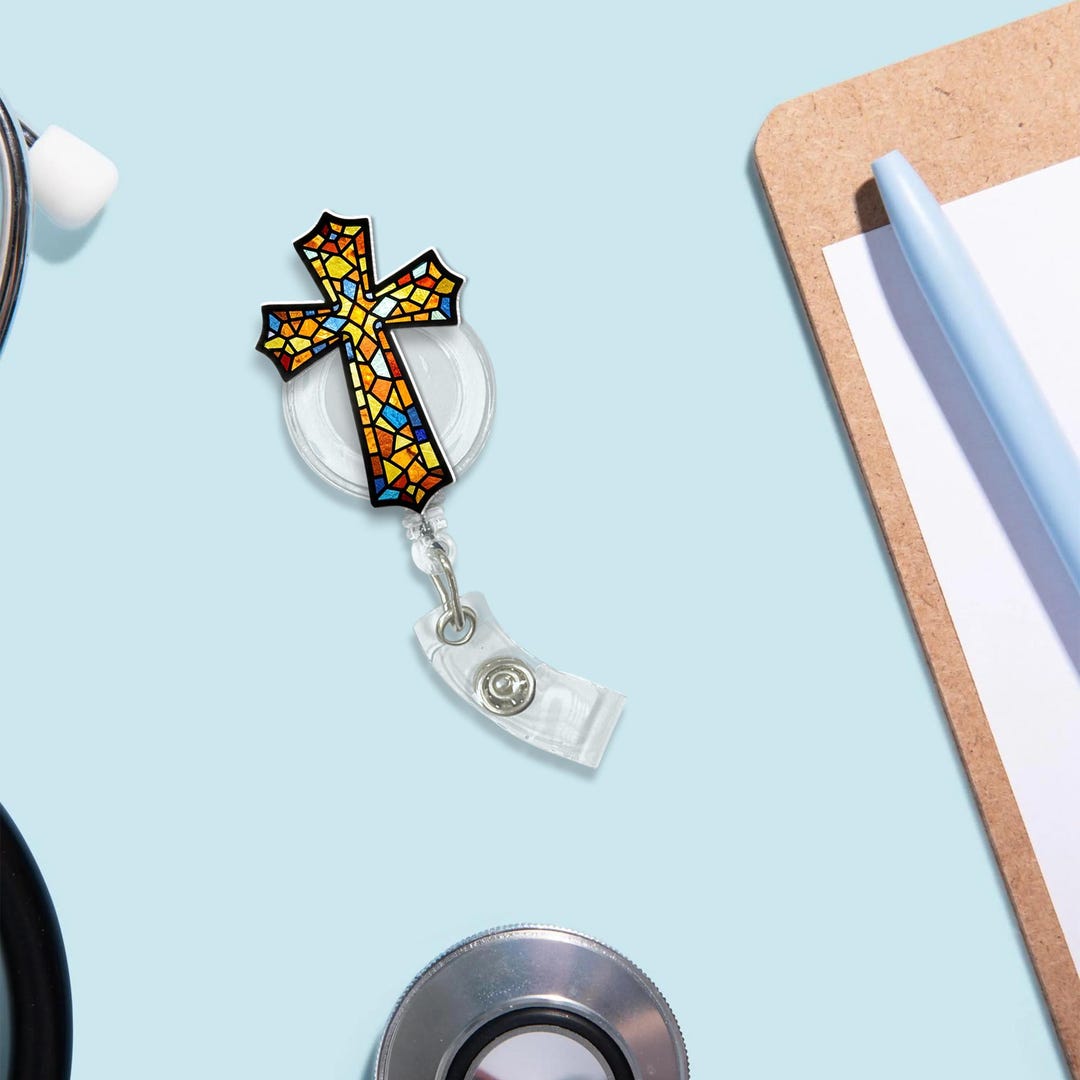 Christian Cross FAUX Stain Glass Badge Reel, Christian Nurse Gift, Id ...