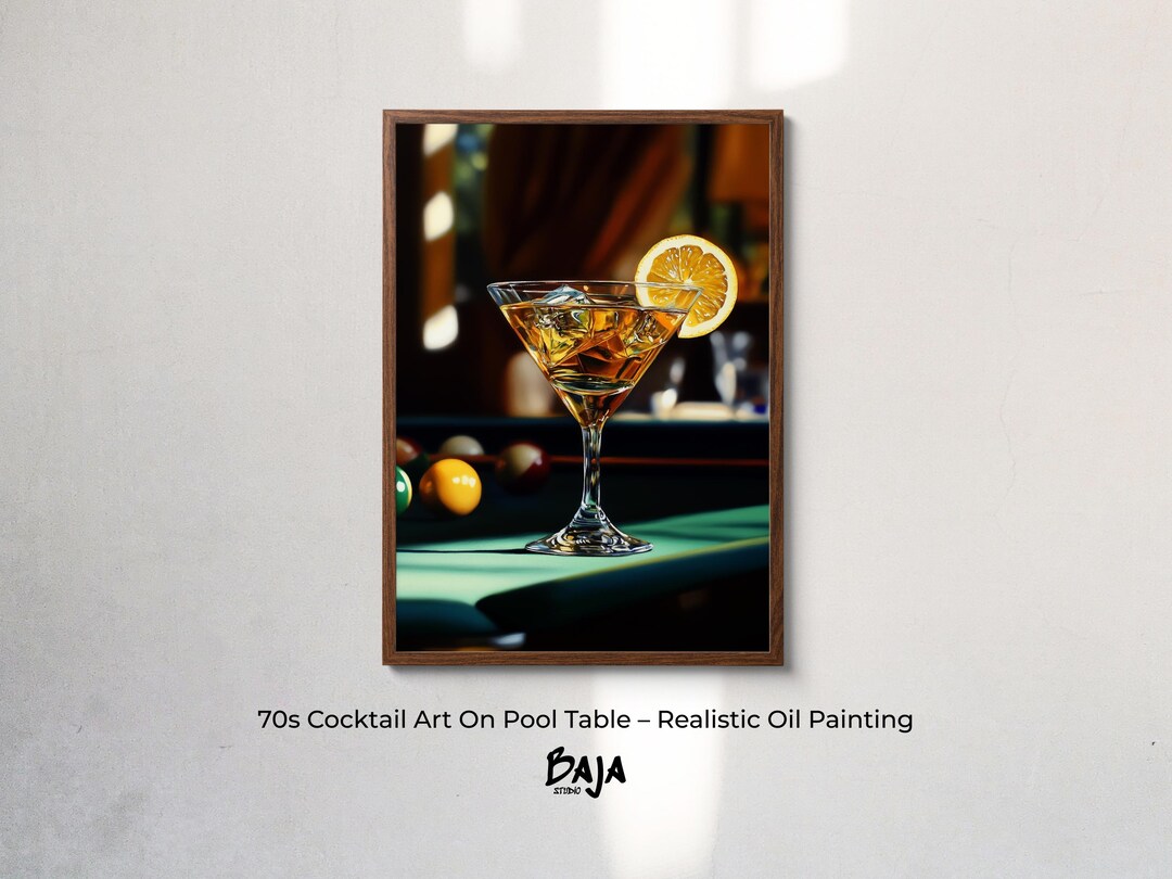 70s Pool Table Cocktail Art, Realistic Oil Painting Print of Cocktail ...