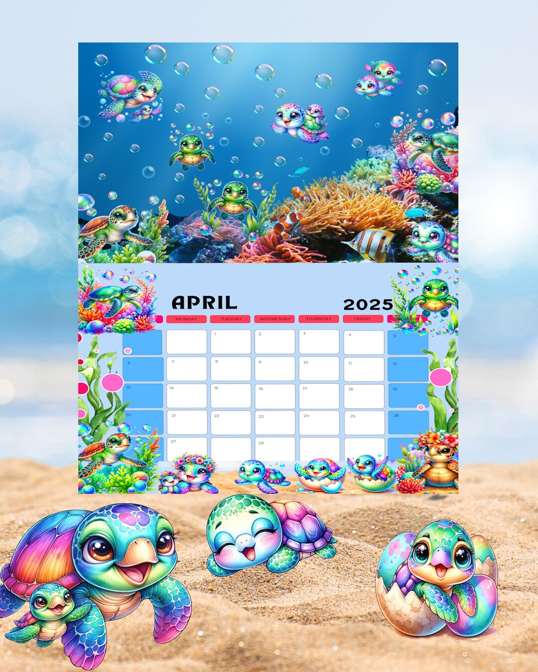 Kids Calendar 2025 With Turtles, Educational Print Calendar, Instant ...