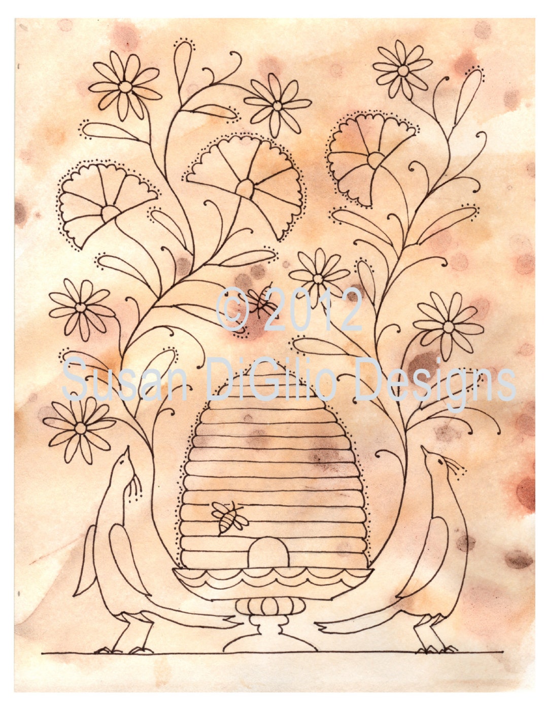 Printable DIY Coloring Page, Wall Art, Birds and Bees 3, Bee Hive ...