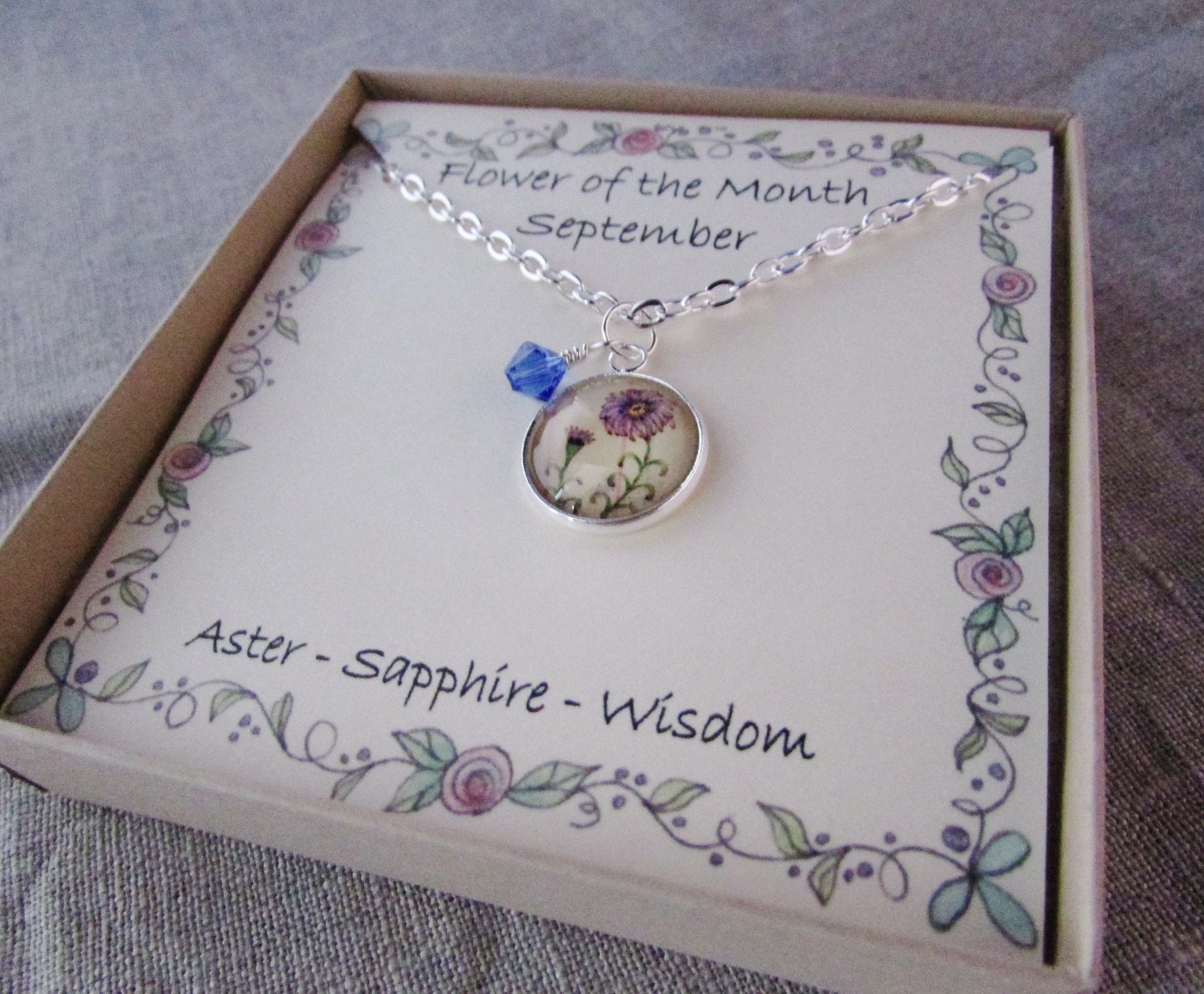September Aster Flower of the Month Pendant Birth Stone | Etsy