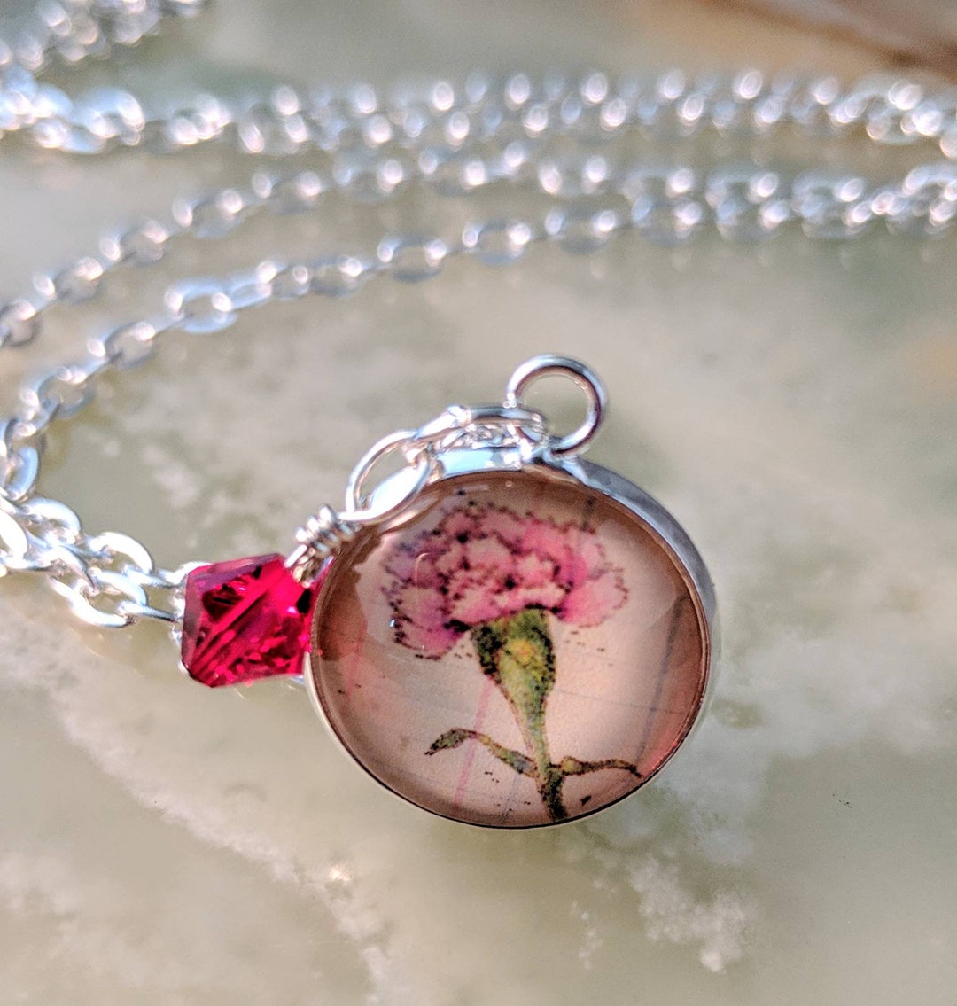 Carnation Pendant: January Birth Flower, Garnet Crystal, Sterling ...