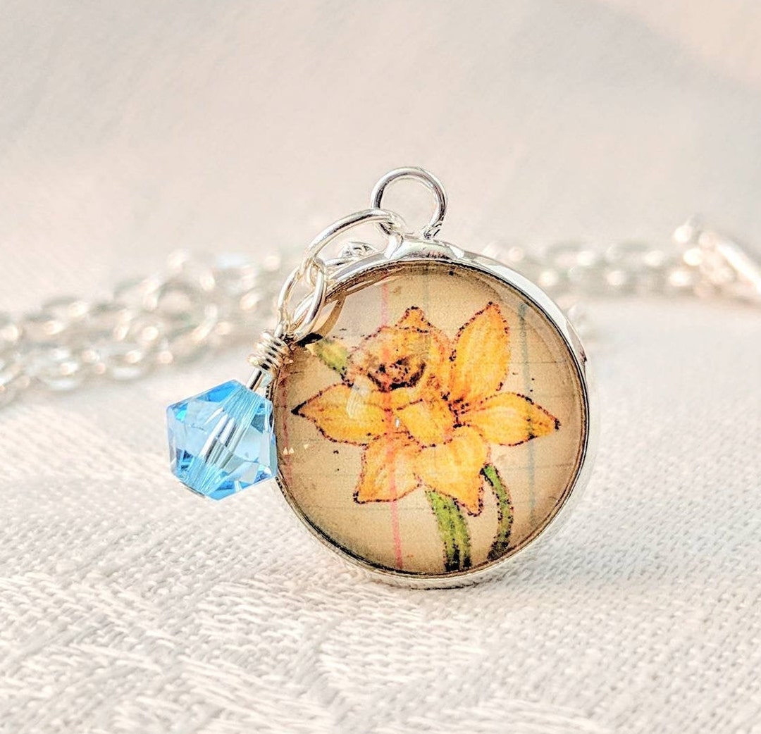 Daffodil Pendant Necklace: March Birthstone Aquamarine Swarovski ...