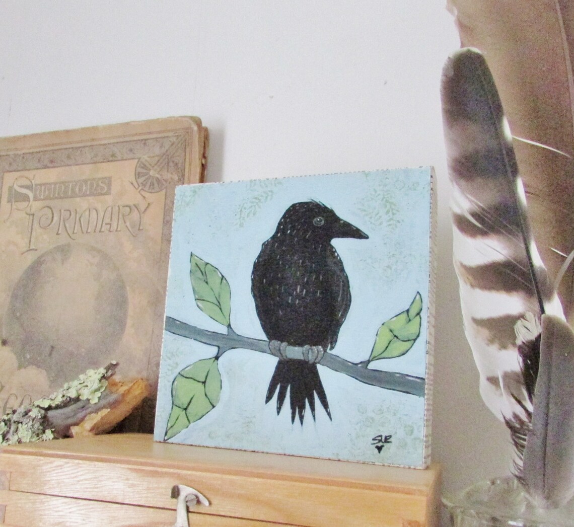 Crow Art Print on Wood Corvid Black Bird Giclee Print | Etsy