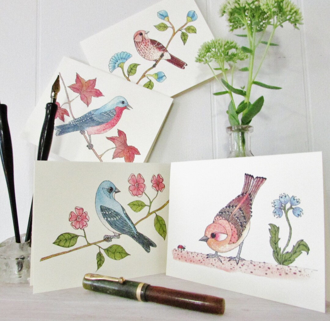 Watercolor Bird Note Cards: Assorted Floral Designs, Set of 4 - Etsy