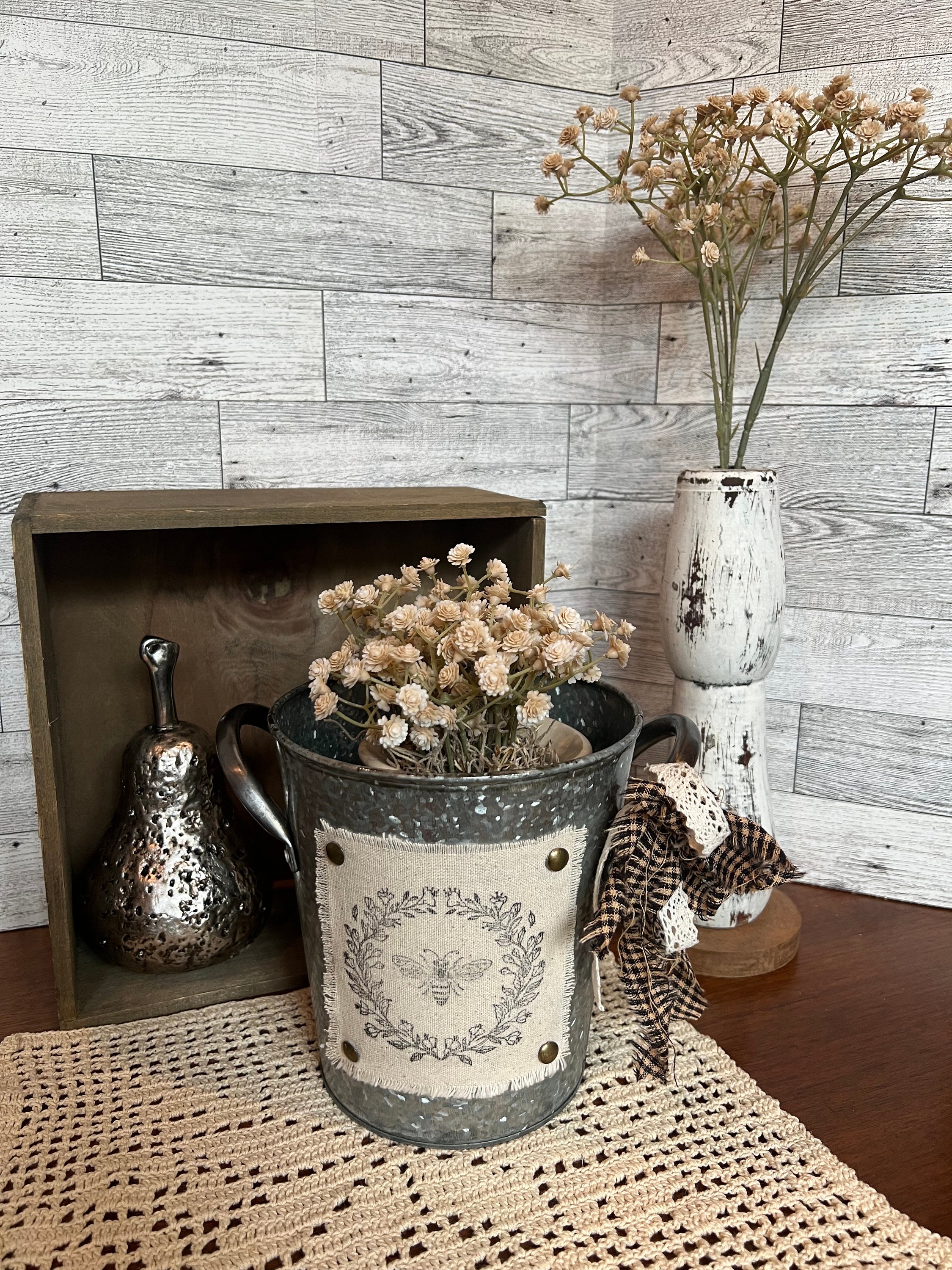 Galvanized Decorative Bucket With Bee Design flowers Not Included - Etsy