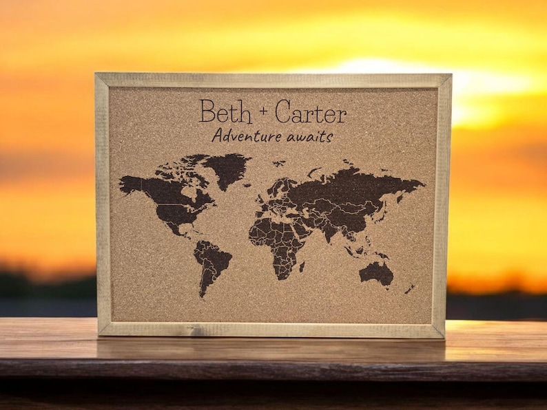 Personalized World Map Cork Board With Wooden Frame - Custom Travel Map ...