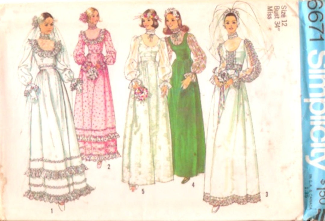 70s Romantic Wedding Gown Simplicity 6671 Bridesmaid Dress Vintage ...