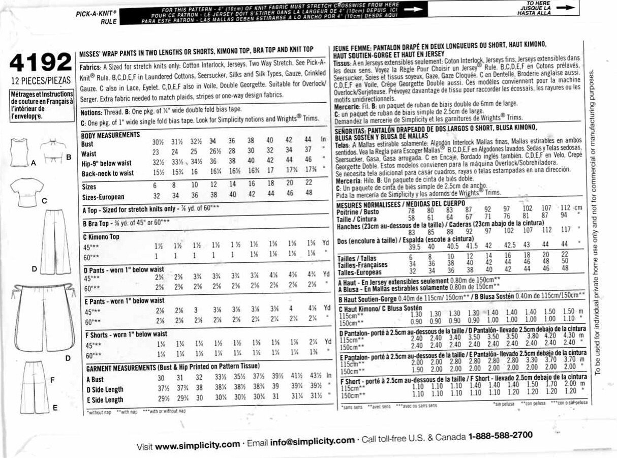 Simplicity 4192 Sewing Pattern: Kimono Top, Wrap Pants, Shorts, Bra Top ...
