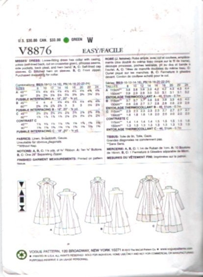 Vogue 8876 Chic Loose Fitting Dress Sewing Pattern Cocktail Dress Size ...