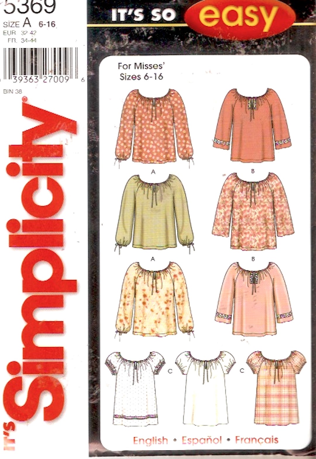 Simplicity 5369 Boho Summer Tops Sewing Pattern Casual Peasant Tops ...