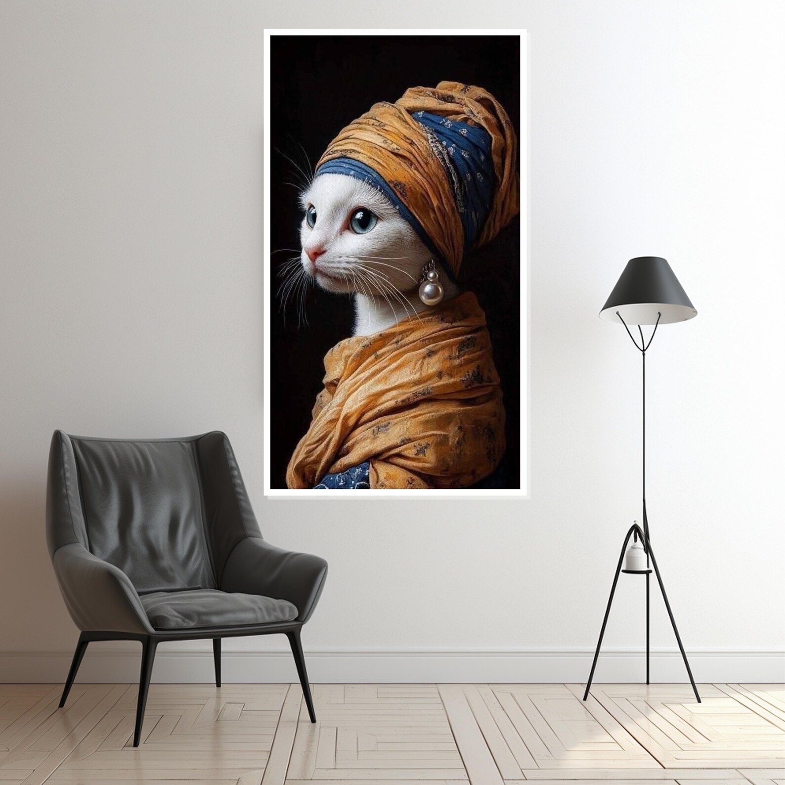 Cat With Pearl Earring Canvas, Cat Art, Feline Portrait Wall Art ...