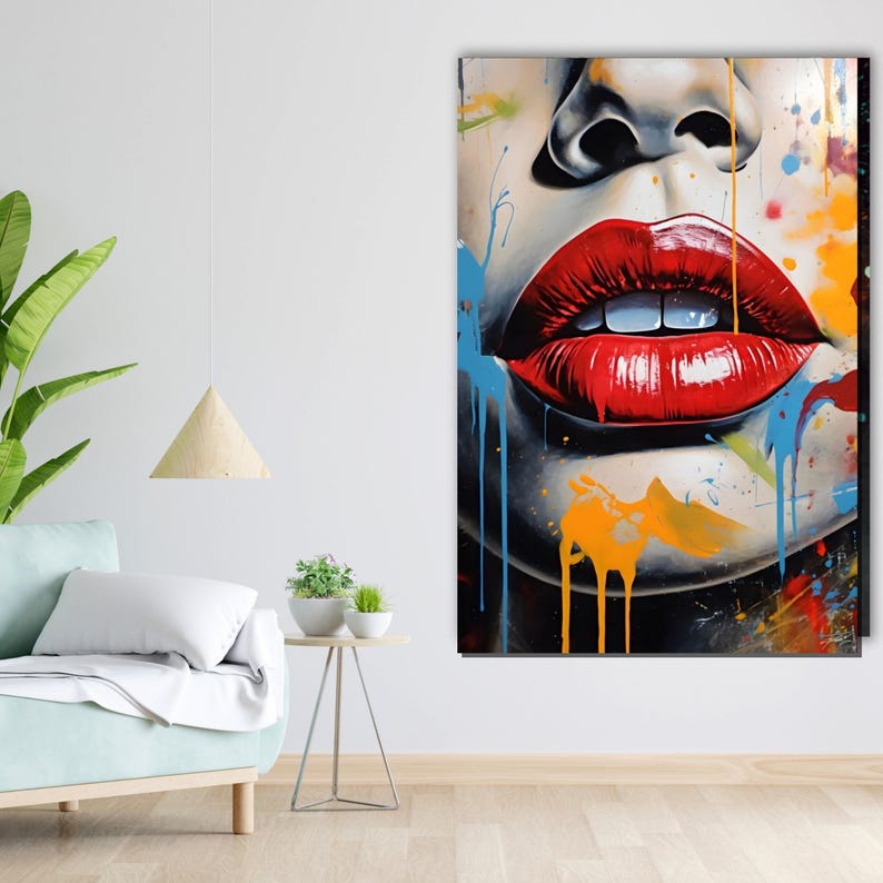 Vibrant Lips Canvas, Red Lips Art, Dripping Paint Design, Modern Wall ...
