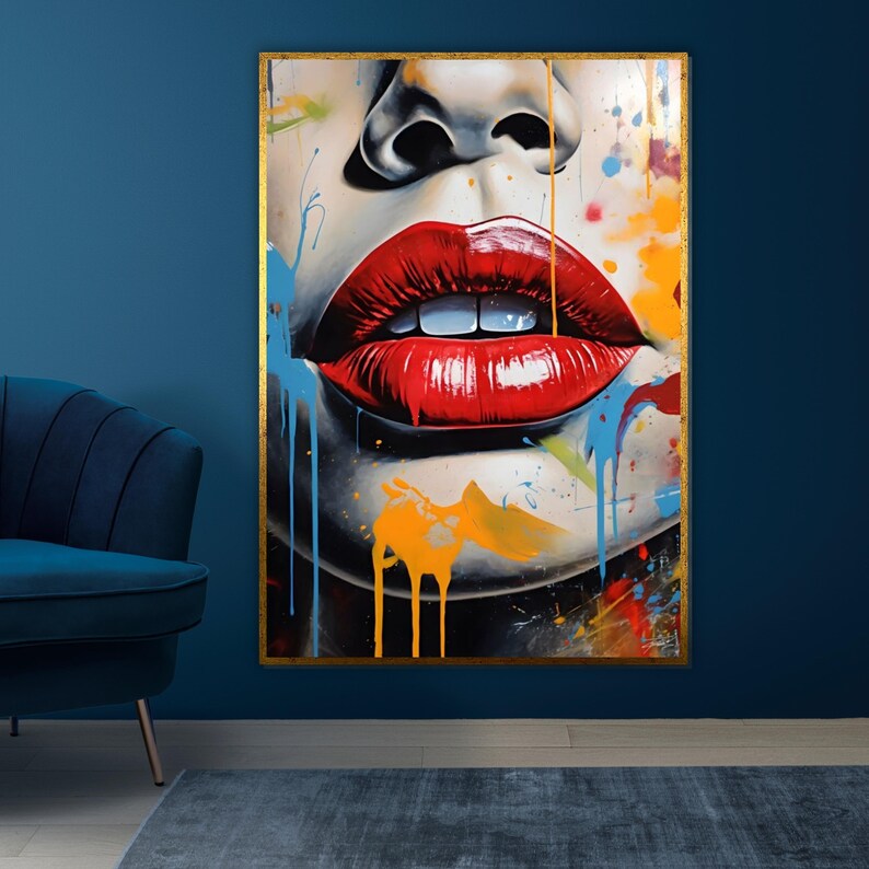 Vibrant Lips Canvas, Red Lips Art, Dripping Paint Design, Modern Wall ...