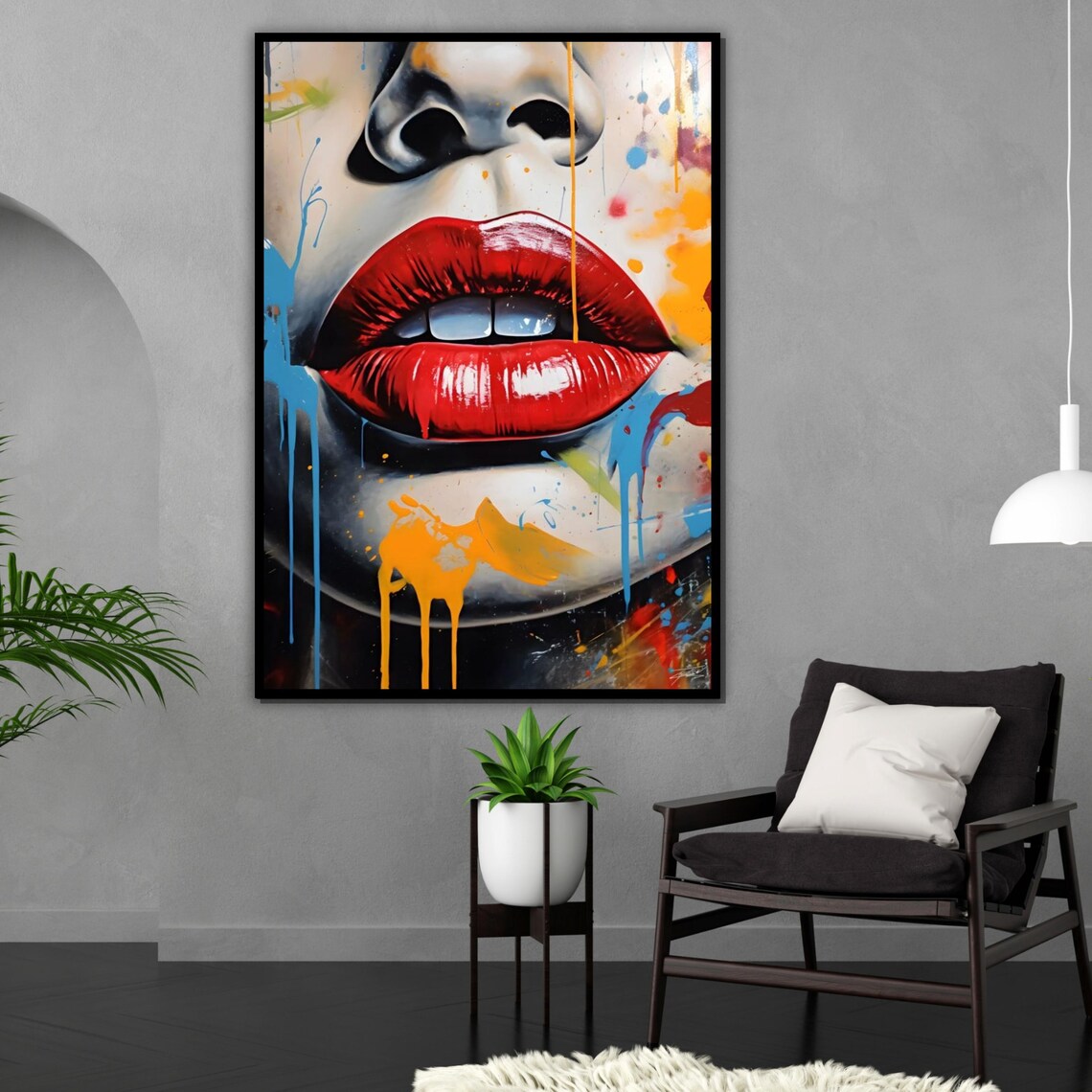 Vibrant Lips Canvas, Red Lips Art, Dripping Paint Design, Modern Wall ...
