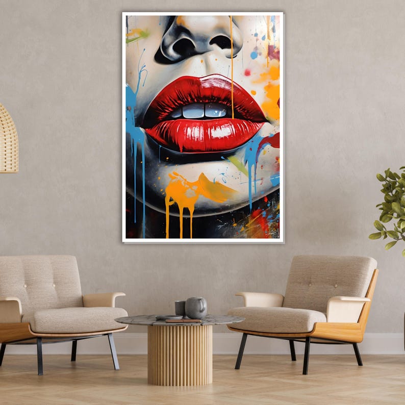 Vibrant Lips Canvas, Red Lips Art, Dripping Paint Design, Modern Wall ...