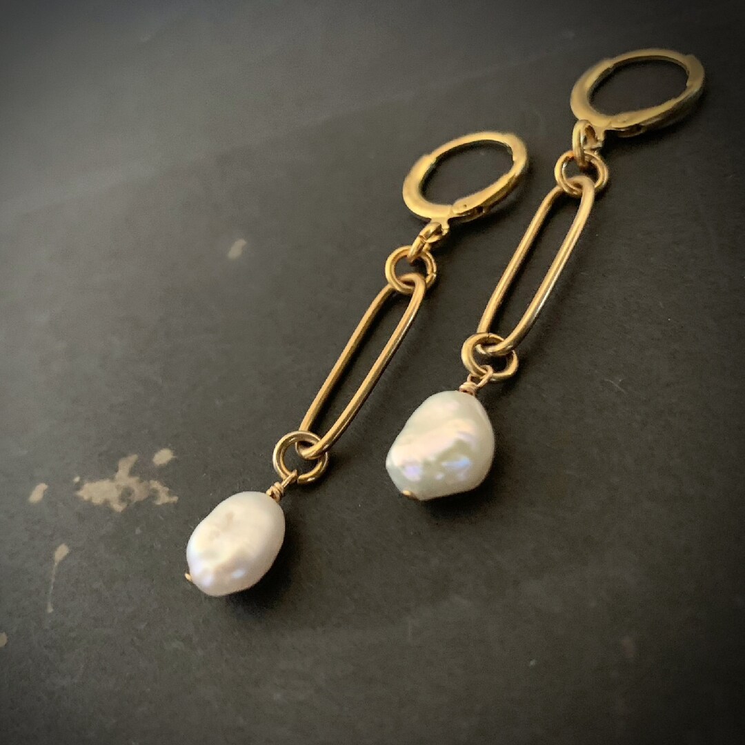 Long Pearl Gold Earrings, Modern Oval Pearl, Edgy, Organic, Baroque ...