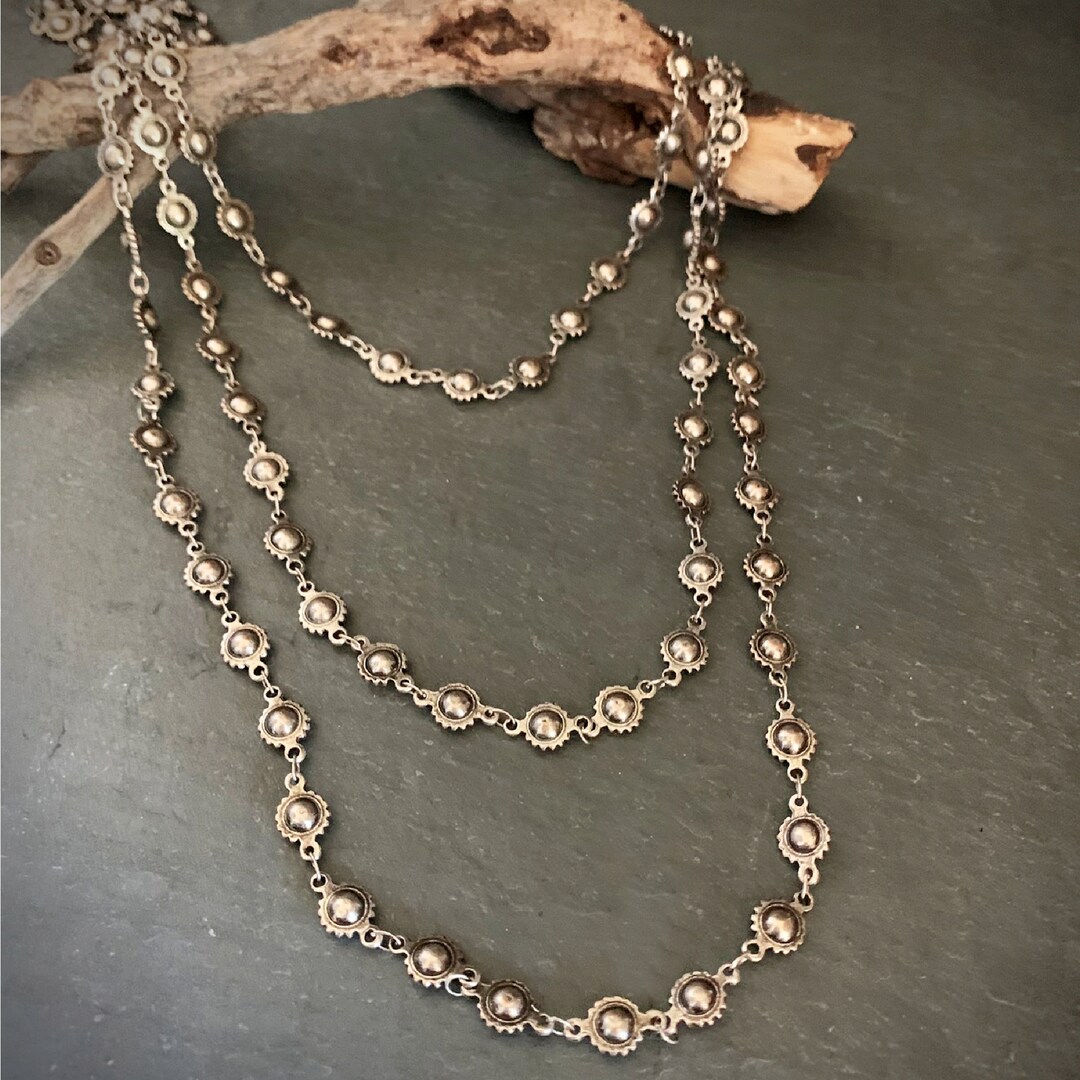 Long Silver Bead Chain Necklace, Long Wrap Around, Antique Silver ...