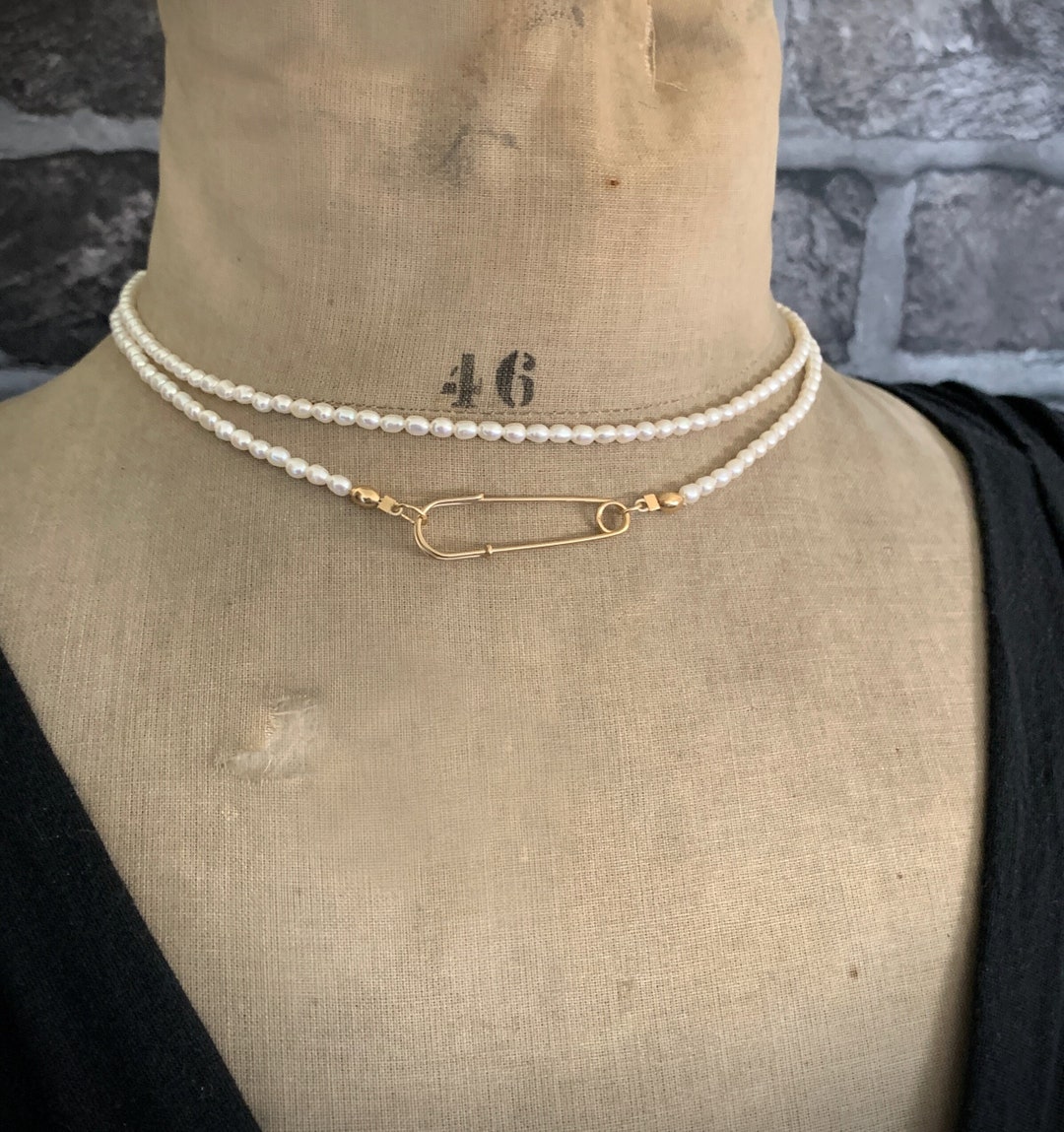 Pearl Safety Pin Necklace, Pearl Choker, 14K Gold Fill, Small Pearl ...