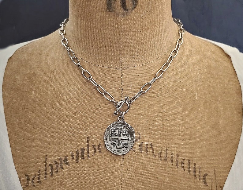 Spanish Coin Necklace Silver Pendant Toggle Clasp Replica | Etsy