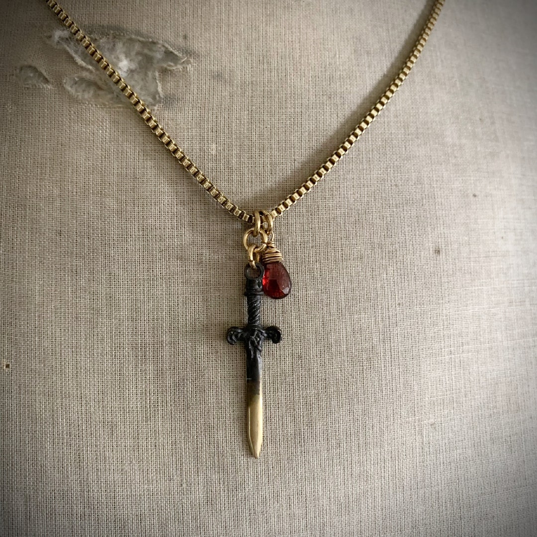 PROTECTED II Gold Sword Necklace, Garnet Stone, Brass Chain, Gold and ...
