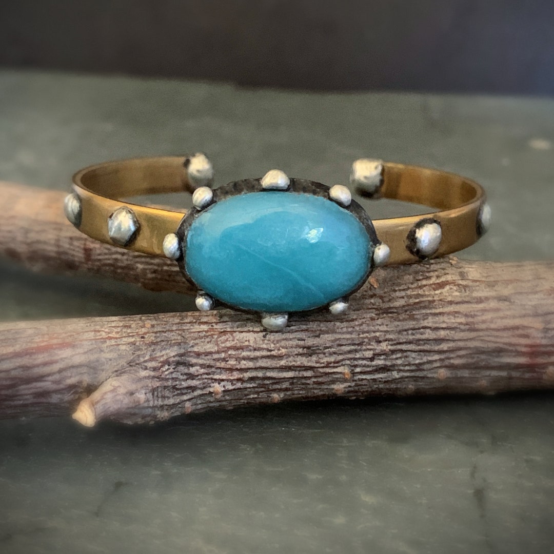 Turquoise Gold Bracelet, Amazonite Stone Cuff, Boho Cuff, Large Blue ...
