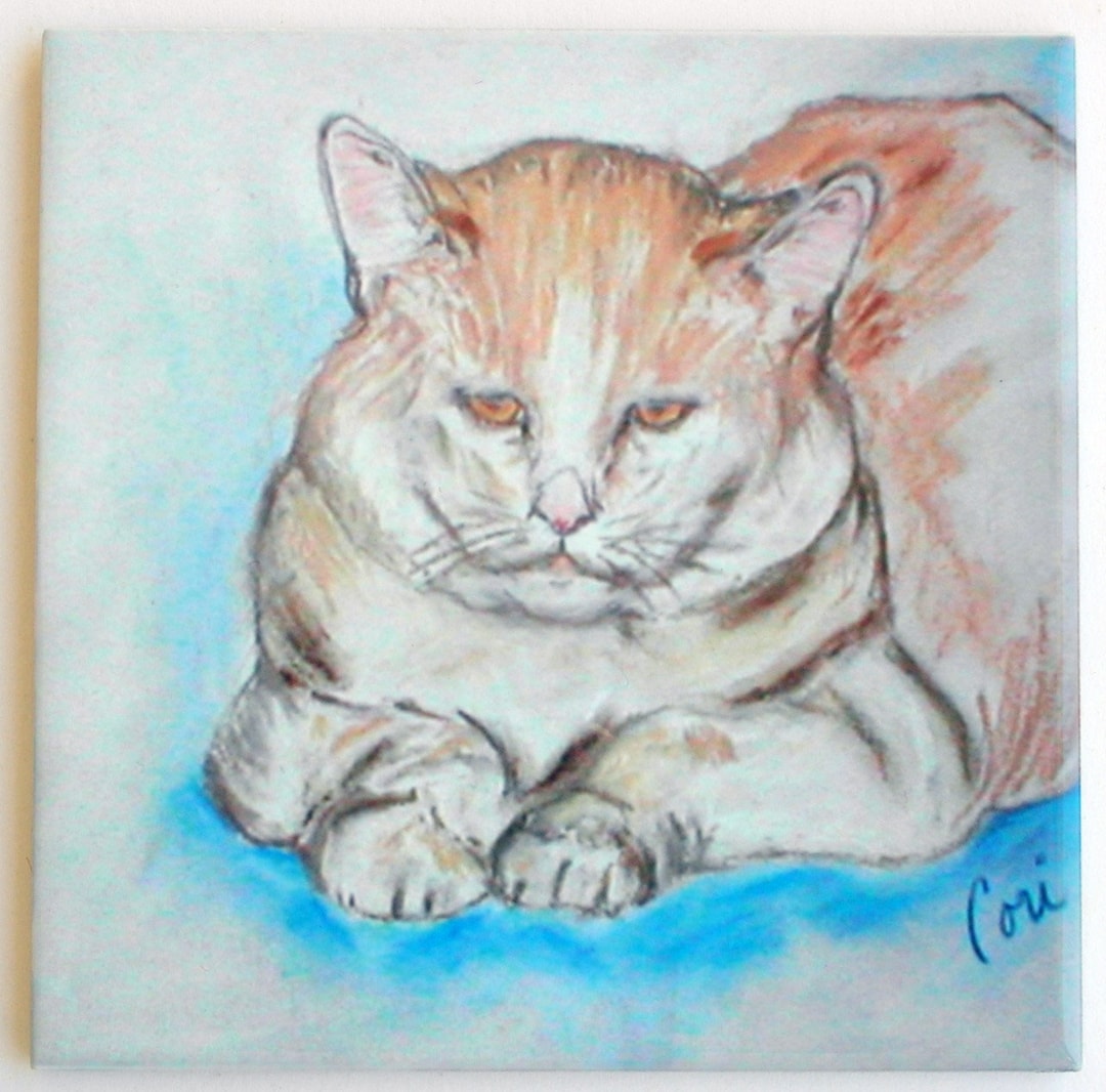 Apricot and White Tabby Cat Art Tile Coaster Trivet by Cori Solomon - Etsy