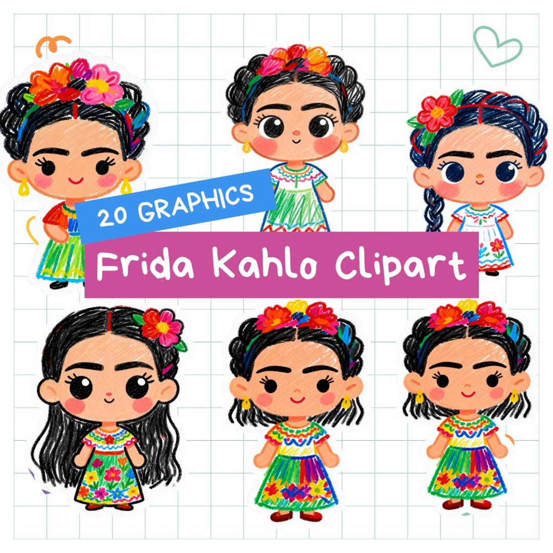 Frida Kahlo Clipart Stickers | 20 PNG SVG | Colorful Crayon Art ...