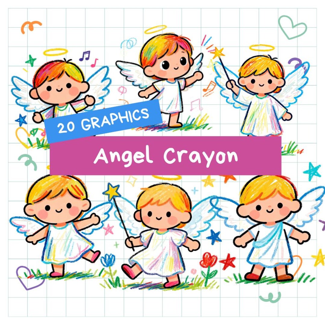 Angel Crayon Clipart | 20 PNG SVG | Cute Naive Style Stickers | Kawaii ...