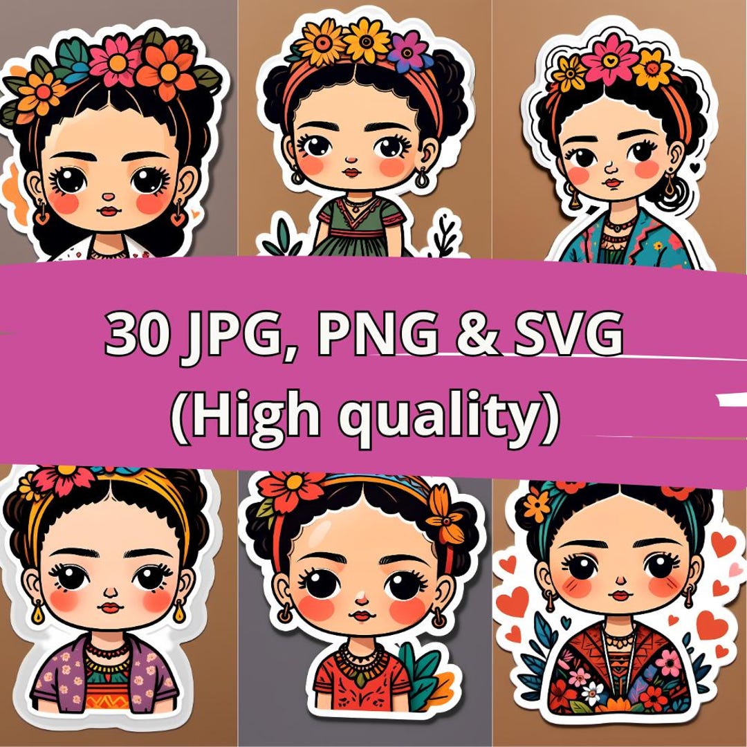30 Frida Kahlo Chibi Stickers - JPG, PNG (Transparent) & SVG - Ideal ...